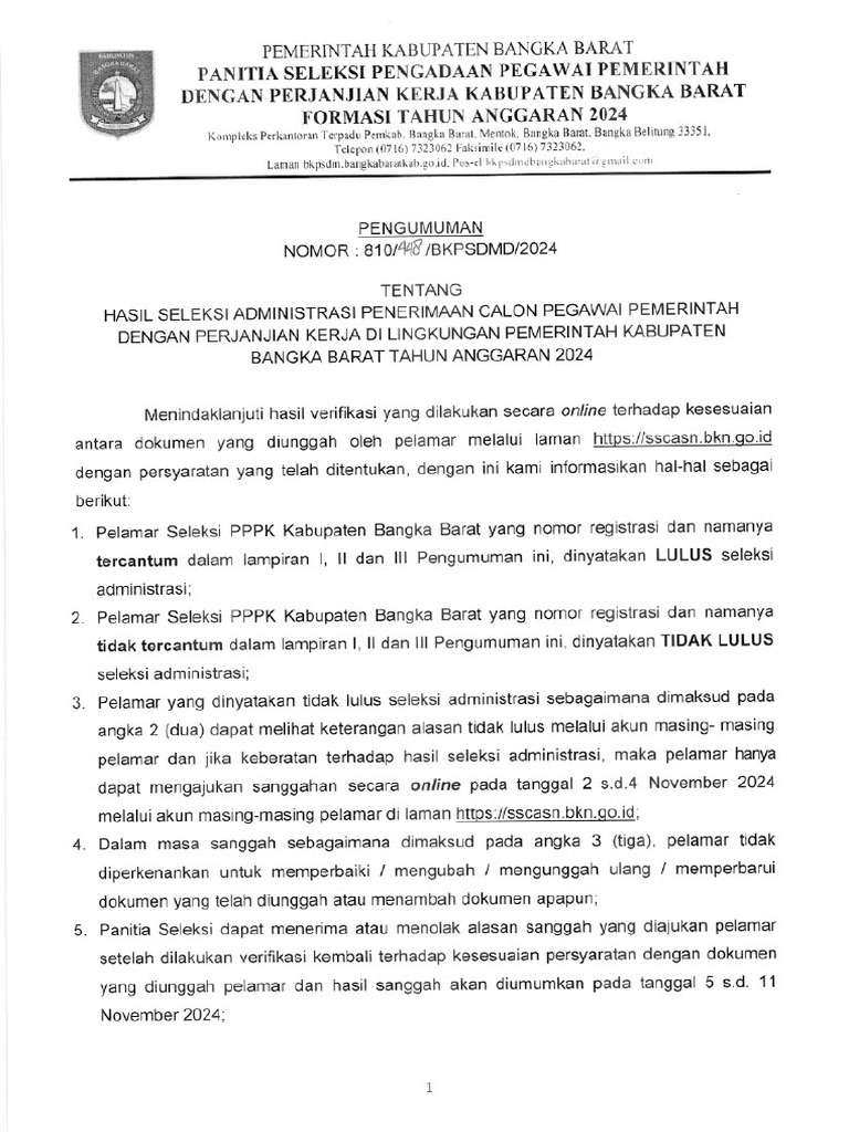 Hasil Seleksi Administrasi CPPPK Formasi Tahun 2024 | PDF Hasil Seleksi Administrasi CPPPK Formasi Tahun 2024 | PDF