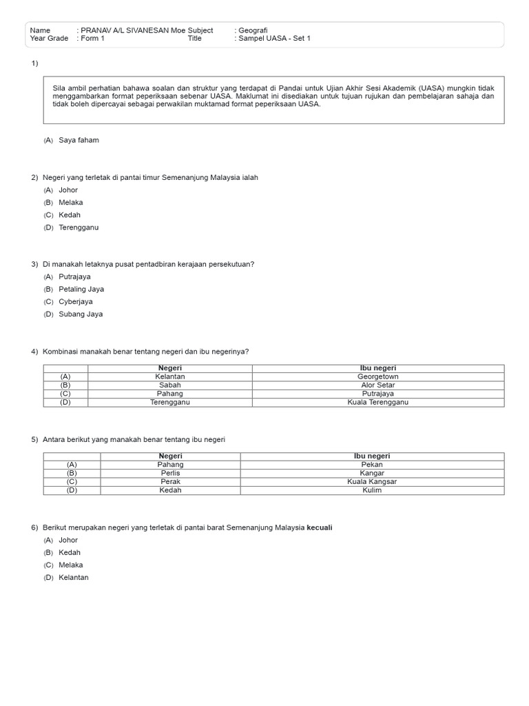 Sampel UASA - Set 1 | PDF