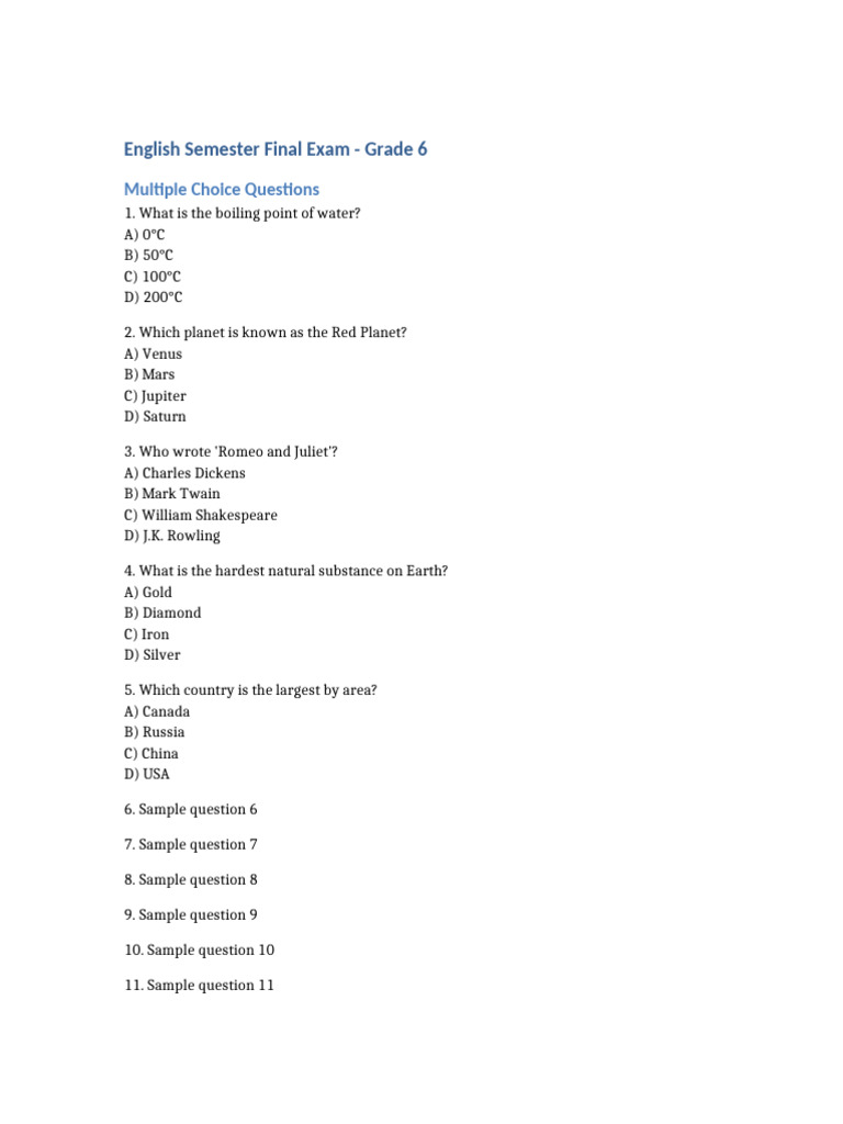 English Semester Final Exam Grade 6-2 | PDF | Language Arts ...