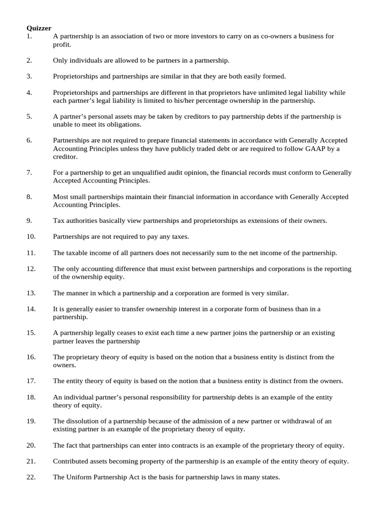 Partnership Formula - Quizzer 1 | PDF | Partnership | Sole Proprietorship