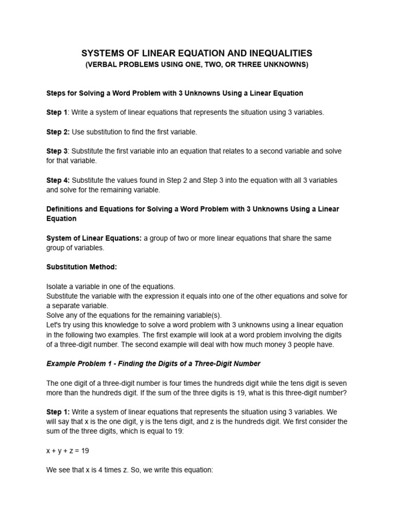 G A Word Problem With 3 Unknowns Using A Linear Equation Pdf Equations Mathematical Analysis