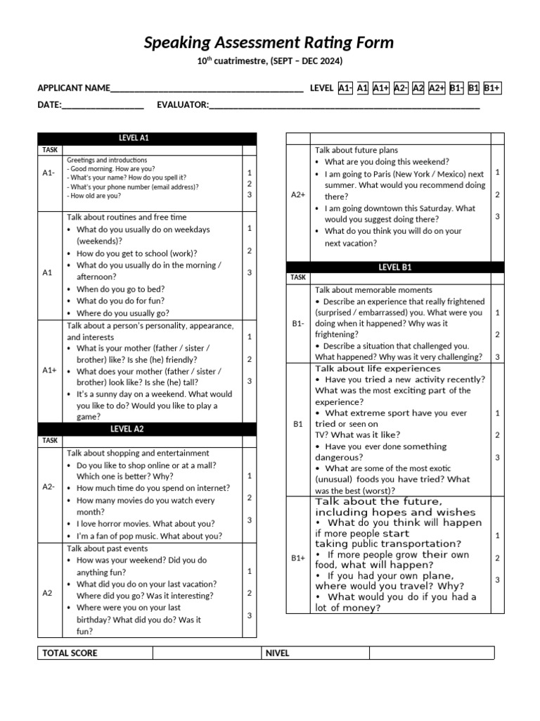Speaking Assessment Form 10 Cuatri | PDF