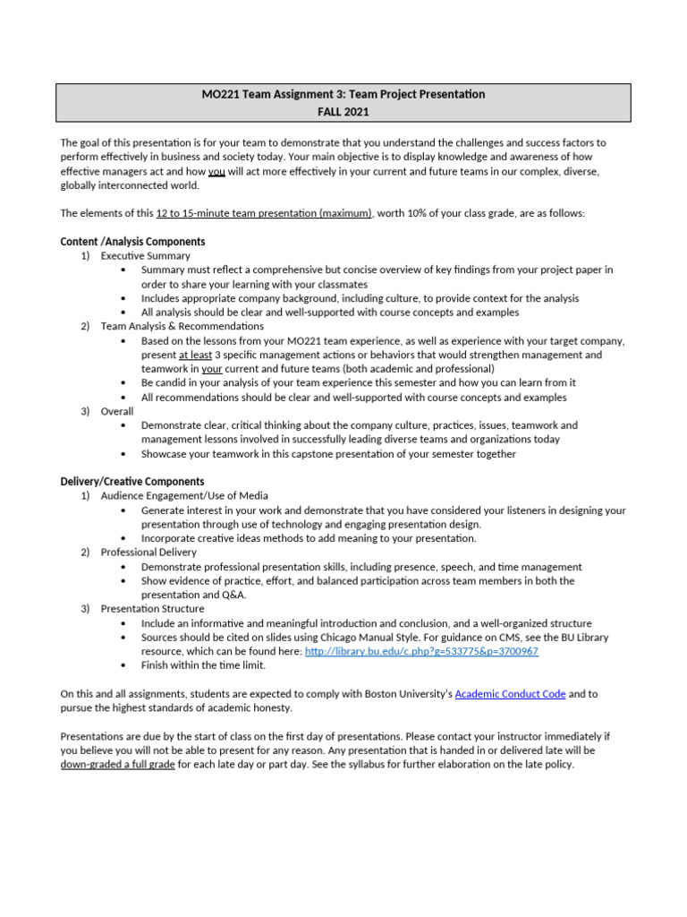 Team Project Presentation Assignment - MO221 - FA21 | PDF | Experience | Critical Thinking