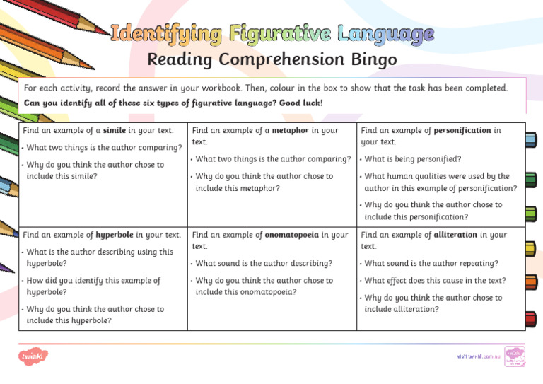 Identifying Figurative Language Reading Comprehension Bingo - Ver - 2 | PDF