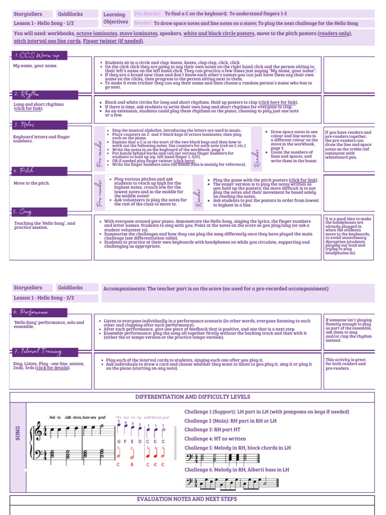 Goldilocks Music Lesson Planning | PDF | Piano | Clef