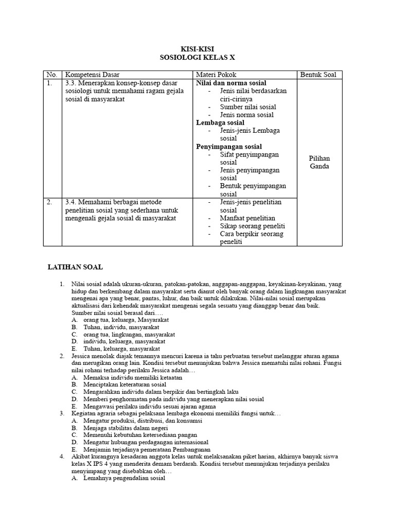 Latihan Soal Sem 2 Sosio X | PDF