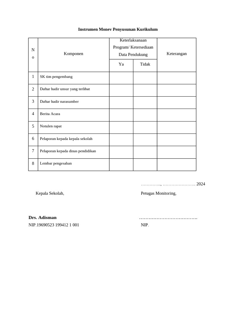 Contoh Instrumen Monev Kurikulum | PDF