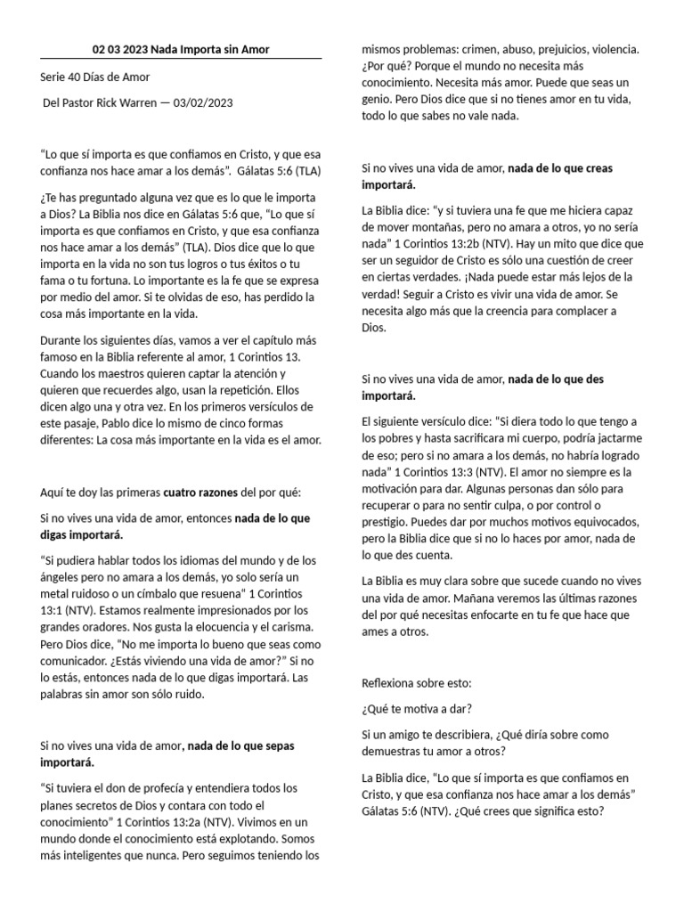 02 03 2023 Nada Importa Sin Amor | PDF | Amor | Primera epístola a los ...