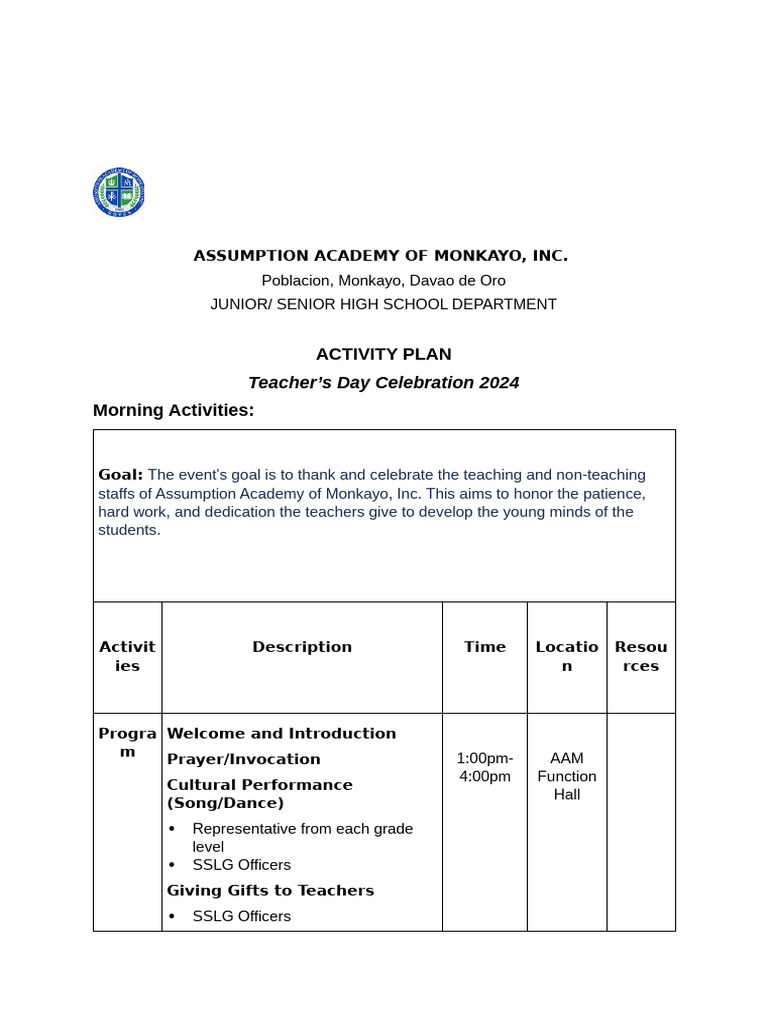 Teacher's Day Activity Plan | PDF