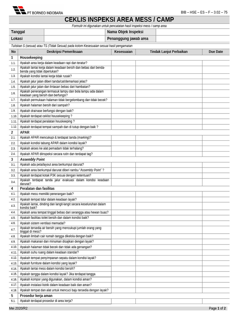 BIB-HSE-ES-F-3.02-75 Inspeksi Mess | PDF