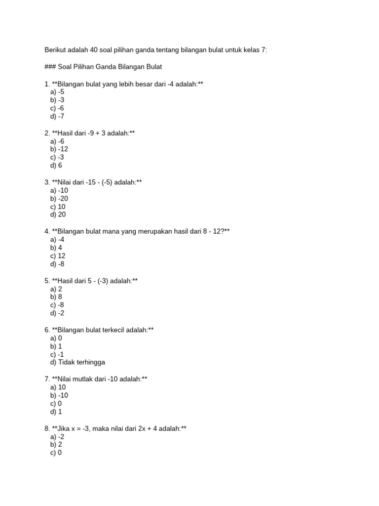 Berikut Adalah 40 Soal Pilihan Ganda Tentang Bilangan Bulat Untuk Kelas 7 | PDF | Metode & Bahan ...