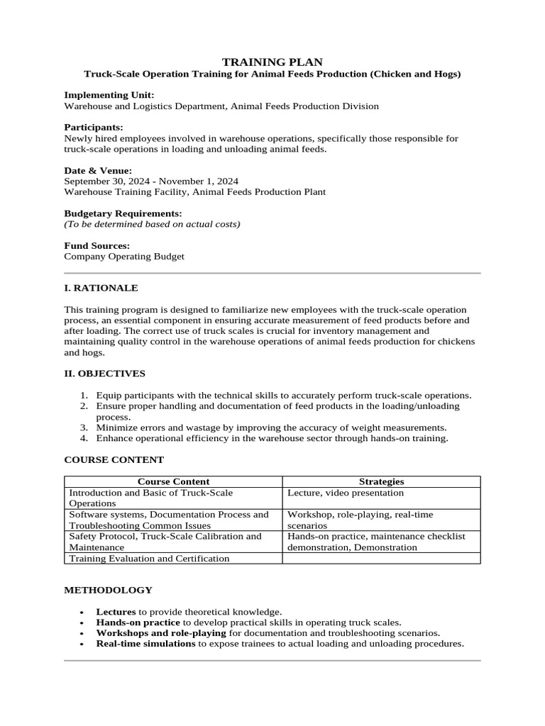 TRAINING PLAN 1 | PDF | Warehouse | Calibration