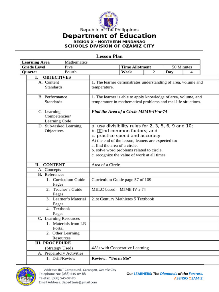 Jina Lesson Plan Math q4 | PDF | Area | Learning