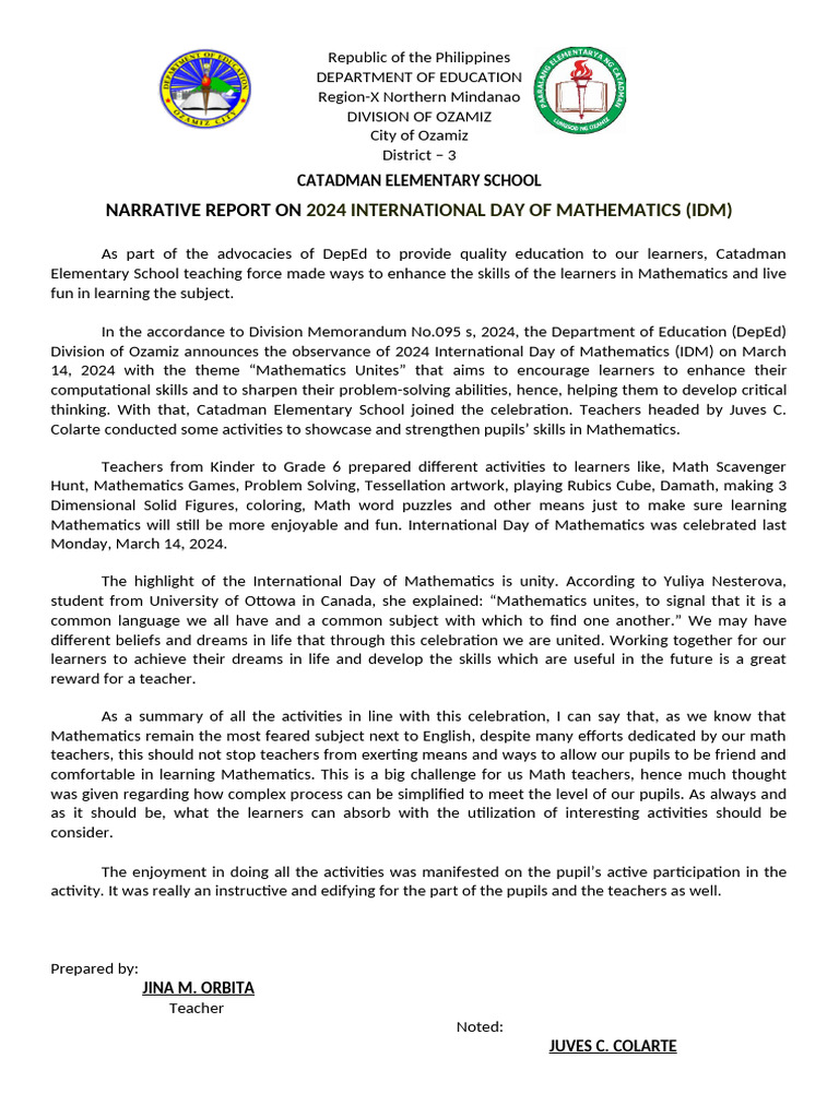 Narrative Report On Mathematics | PDF | Mathematics | Teachers