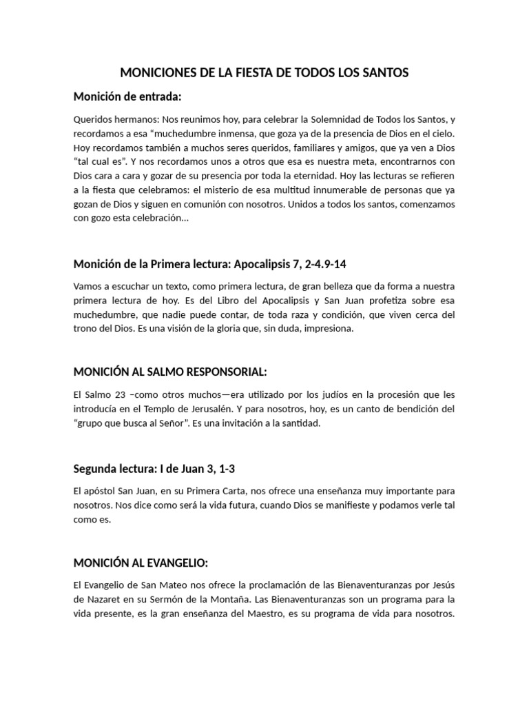 2 Moniciones Del Viernes 1-11 Todos Los Santos | PDF | Bienaventuranzas | eucaristía