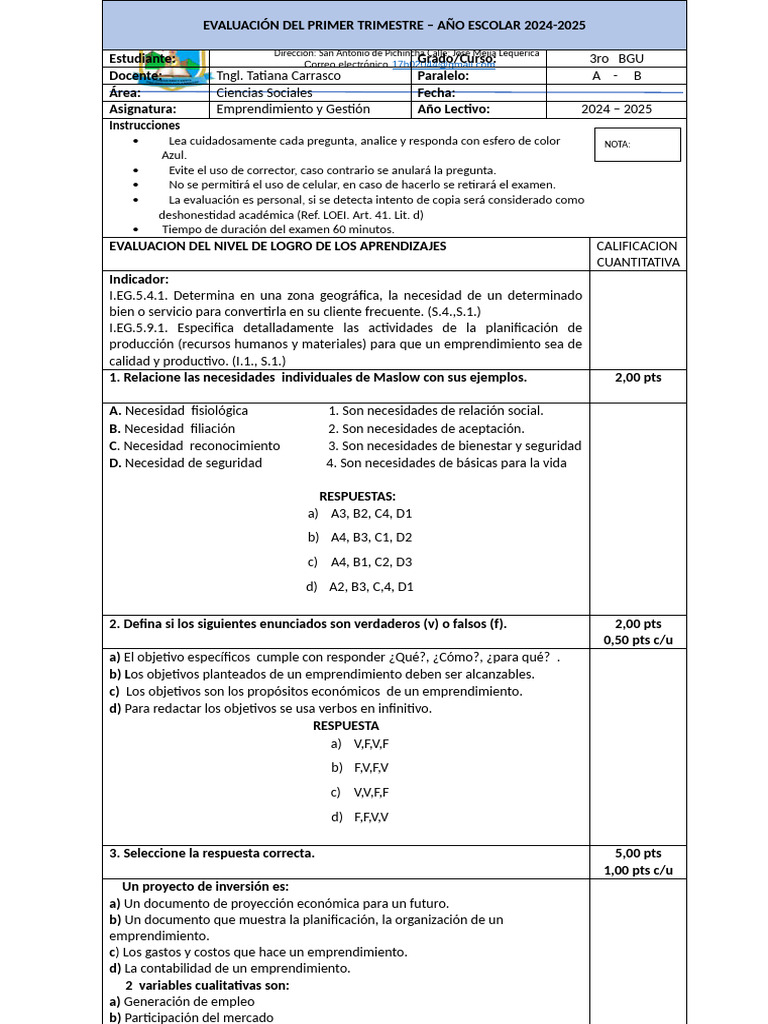 Evaluacion Emp 3 Bgu | PDF | Evaluación