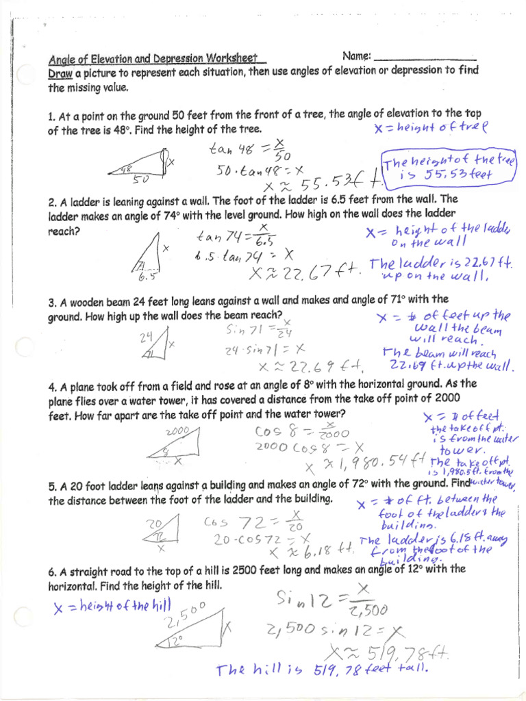 Angle of Elev and Depr Word Problem Key | PDF