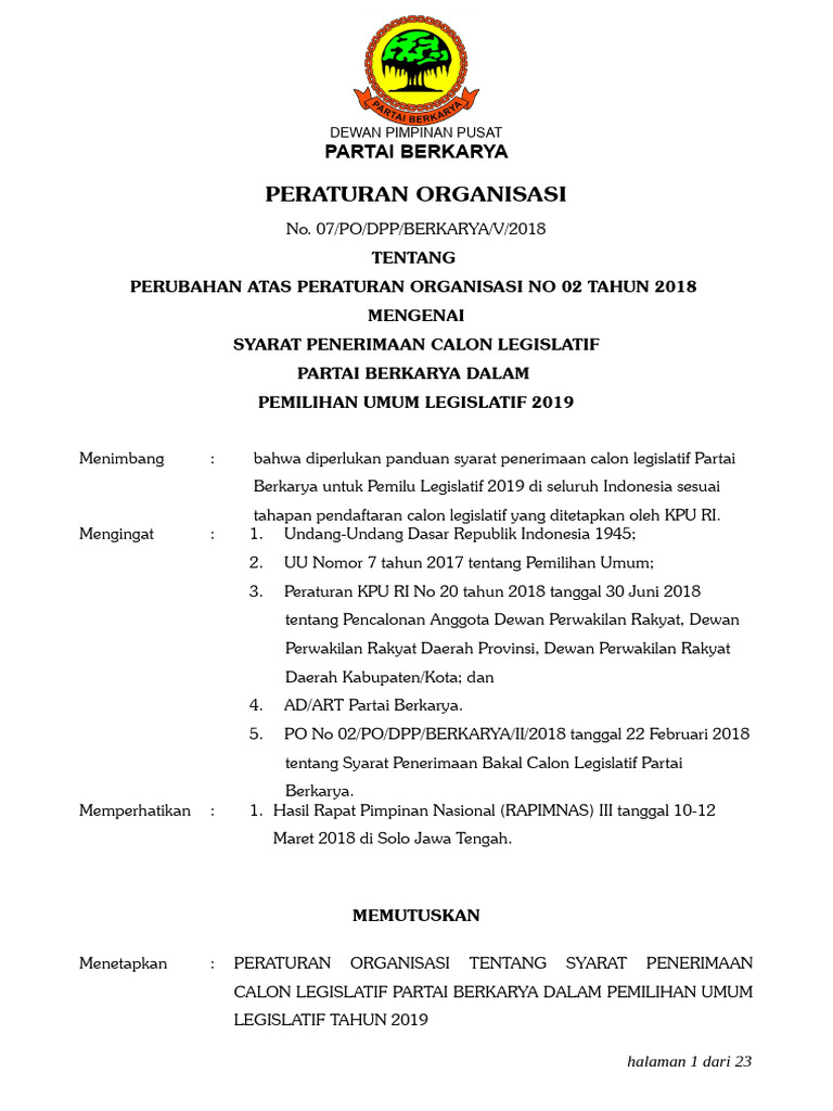 Po 07 Penerimaan Caleg Revisi 30062018 | PDF | Hukum