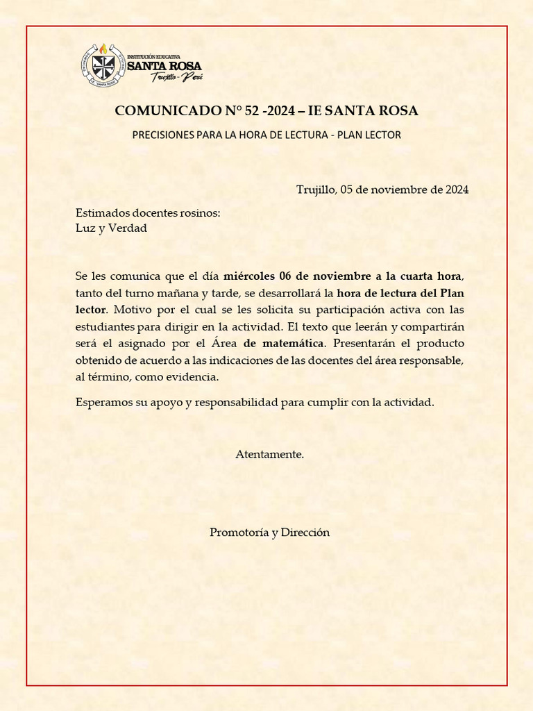 Comunicado Plan Lector - Noviembre | PDF | Salud y bienestar