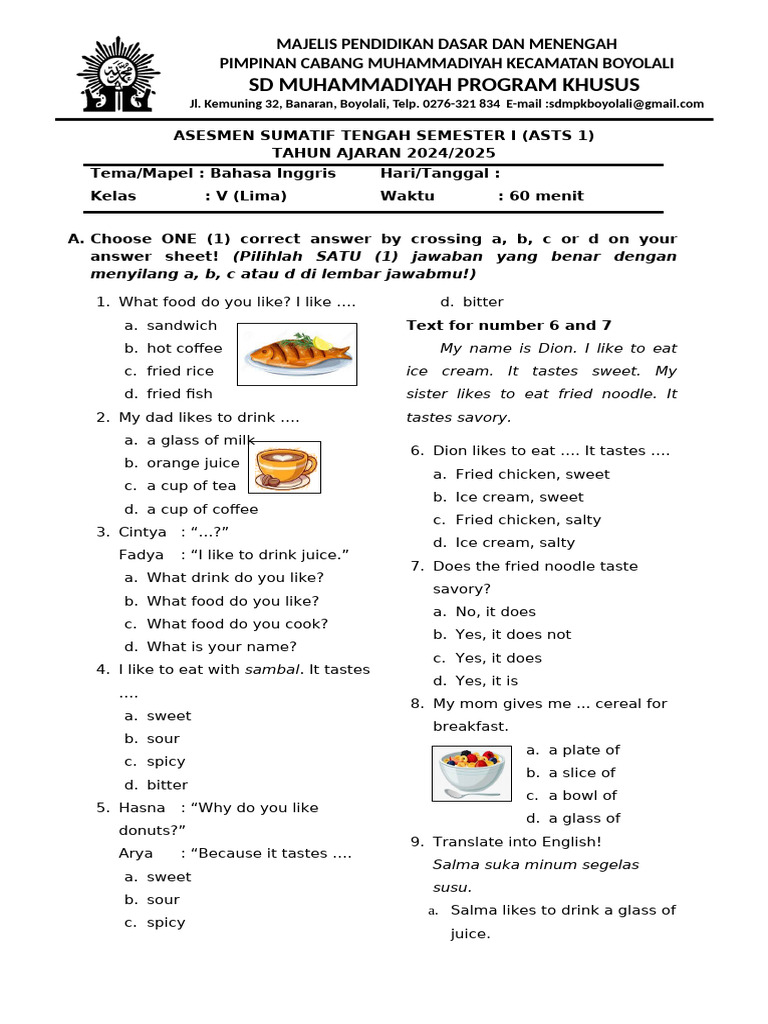 STS Inggris Kelas 5 24-25 | PDF | Taste | Cuisine