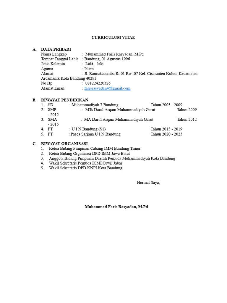 CV Muhammad Faris Rasyadan | PDF