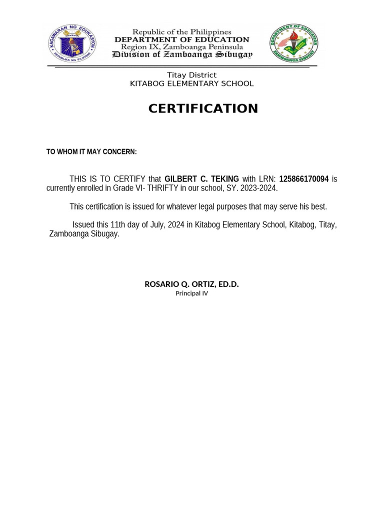 Student Enrollment Certification | PDF | Social Science | Law