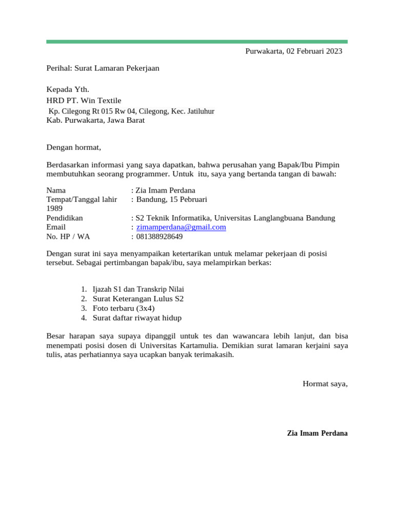 Surat Lamaran Zia Imam Perdana-Win-Textile | PDF