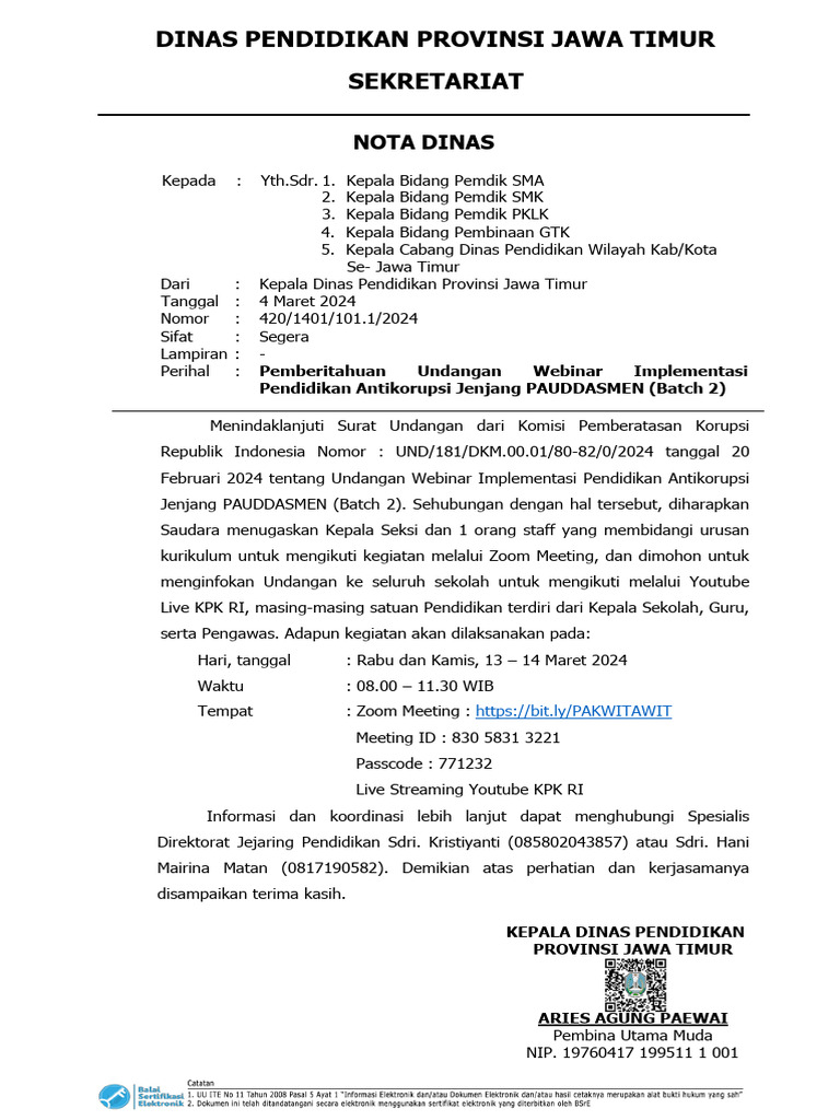 Notadinas Ke Bidang Kacab Webinar Implementasi Pendidikan Antikorupsi ...
