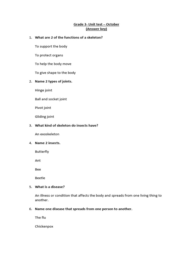 Grade 3 Unit Test Answer Key | PDF