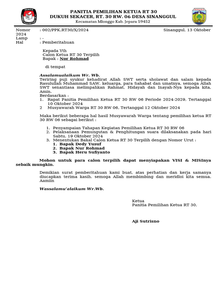 Surat Pemberitahuan Calon RT 2024 | PDF