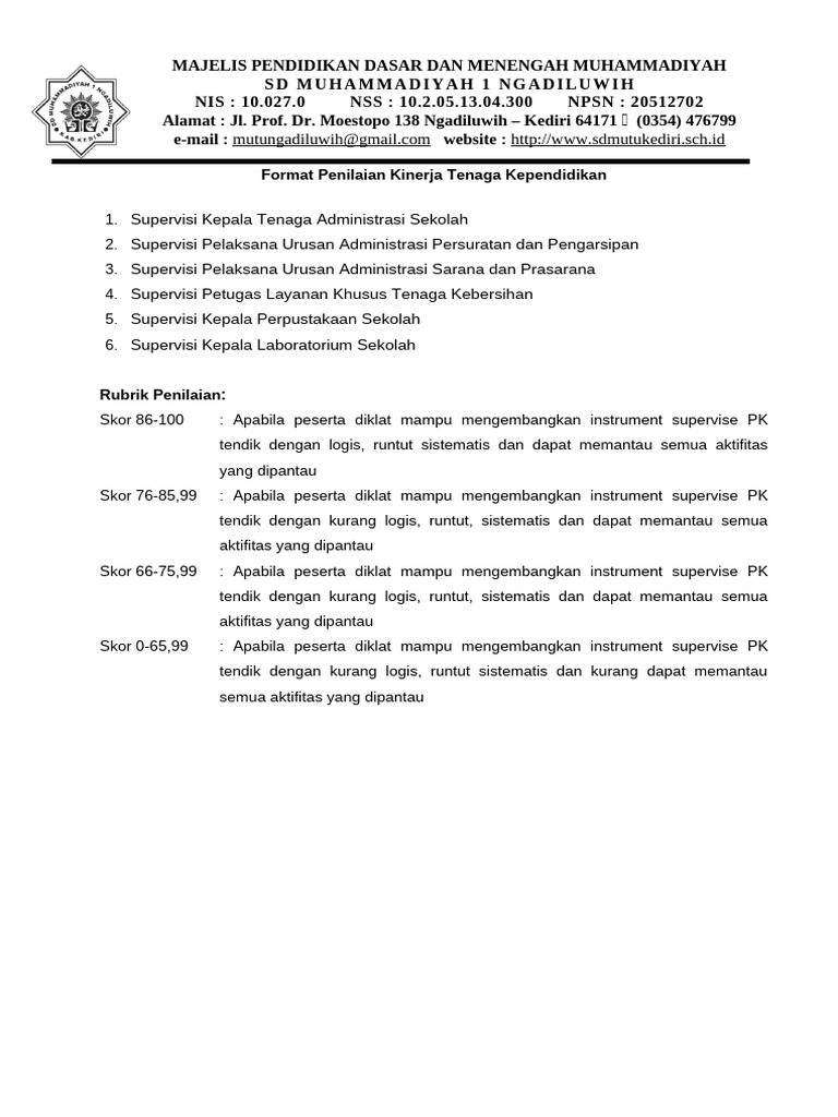 Instrumen Supervisi Tenaga Kependidikan | PDF