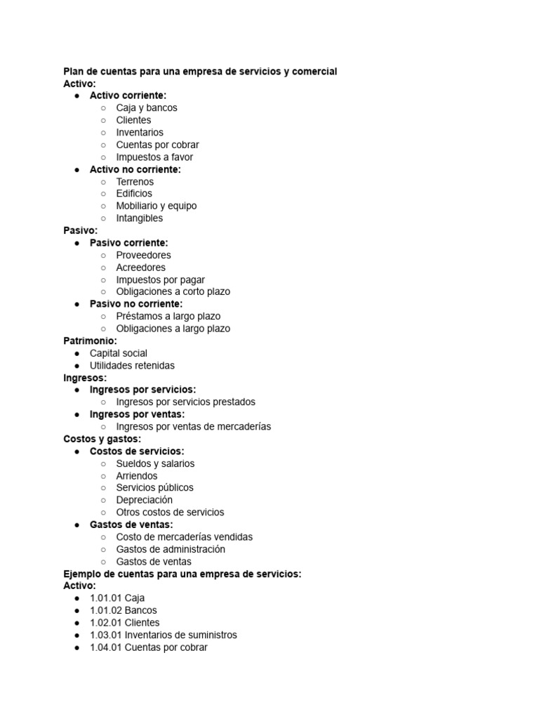 Escribe Un Plan de Cuentas de Una Empresa de Servicios y Una Comercial Identificando Las Cuentas ...