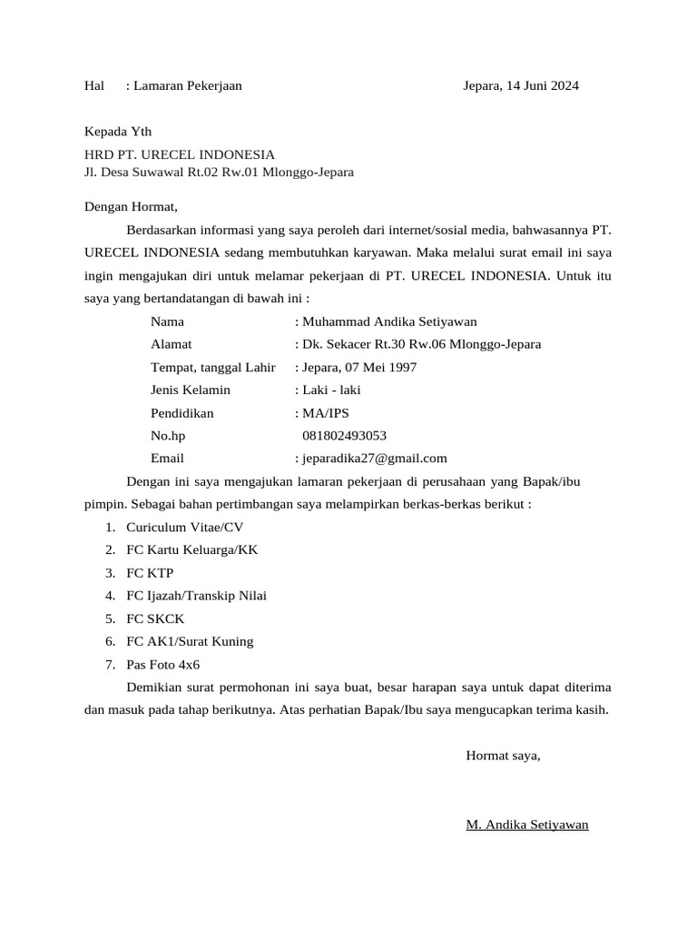 Surat Lamaran M.andika | PDF