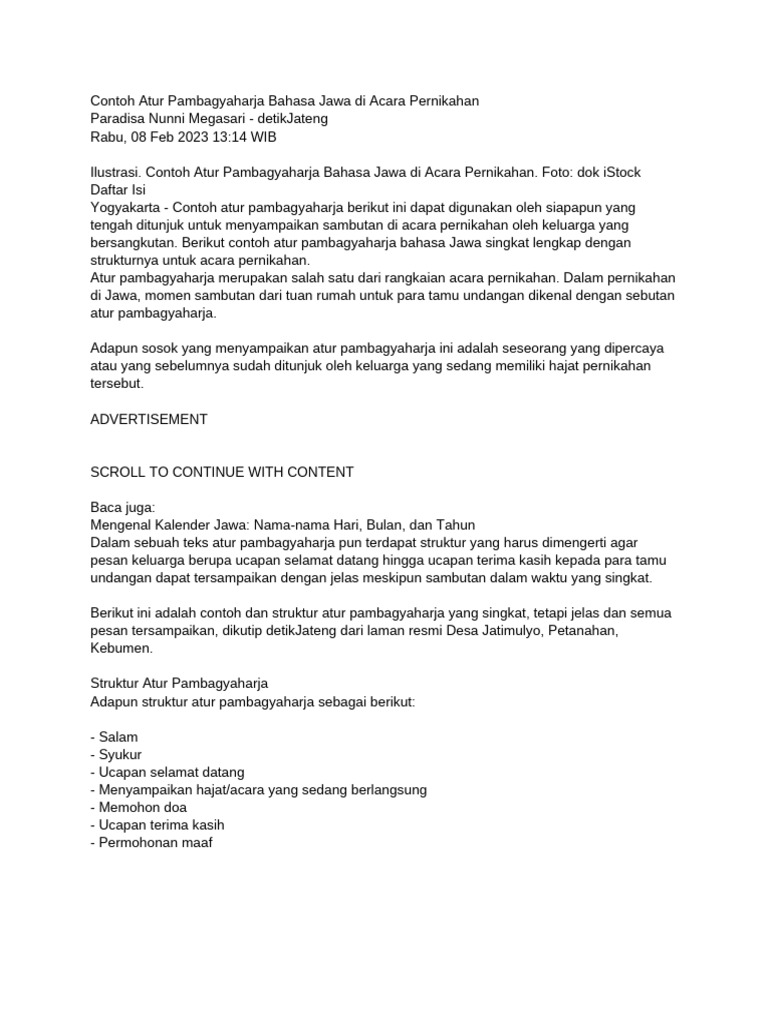 Contoh Atur Pambagyaharja Bahasa Jawa Di Acara Pernikahan | PDF | Seni ...