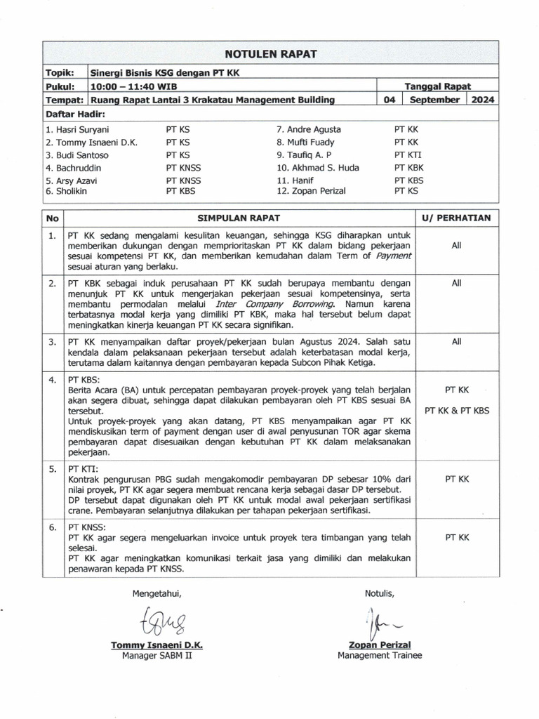 Notulen Rapat Sinergi Bisnis KSG Dengan KK - 04092024 | PDF