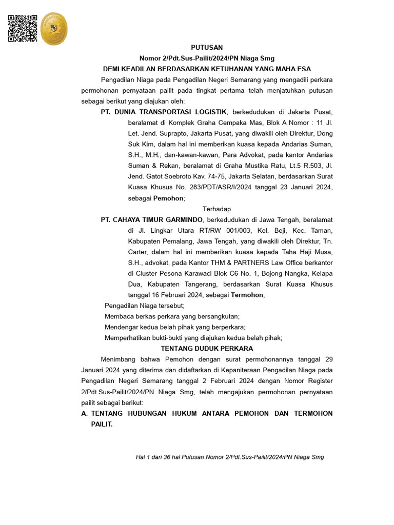 Putusan 2 PDT - Sus-Pailit 2024 PN Niaga SMG 20241025174022 | PDF