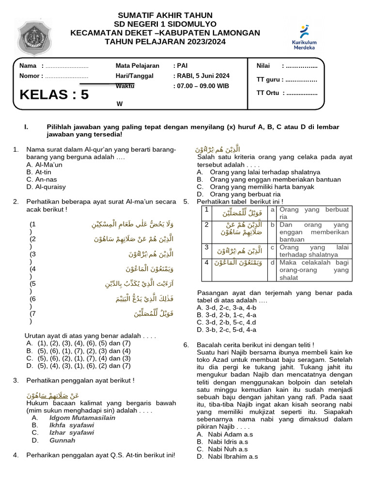 Soal Sat Pai Kelas 5 Semester 2 | PDF