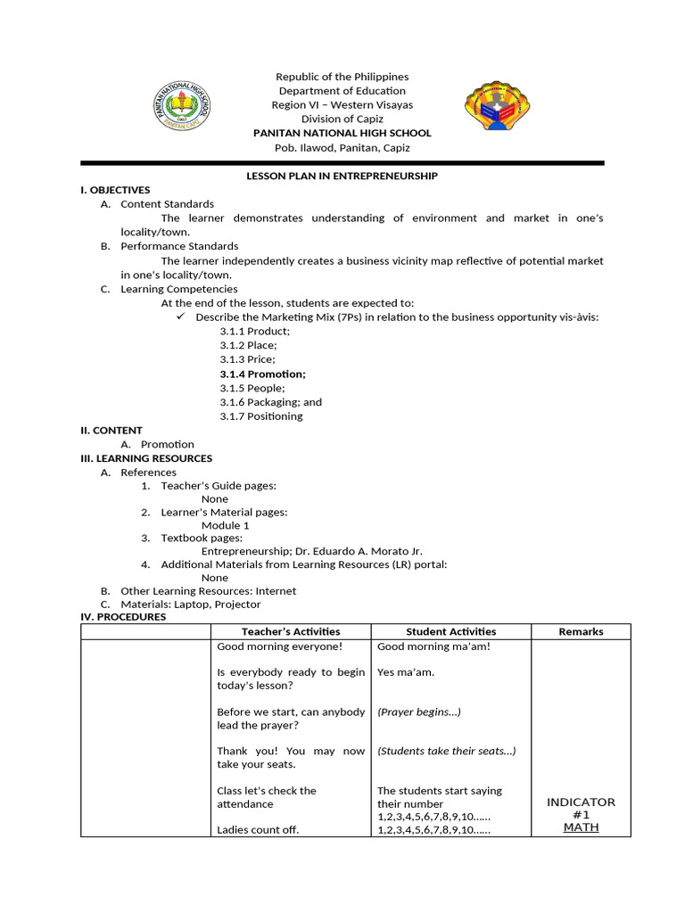 entrep-lesson-plan-cot | PDF | Sales | Advertising