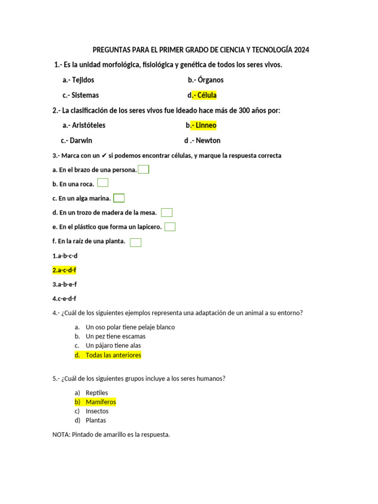PREGUNTAS PARA EL 3ro, 4to y 5to GRADO DE CIENCIA Y TECNOLOGÍA 2024 ...