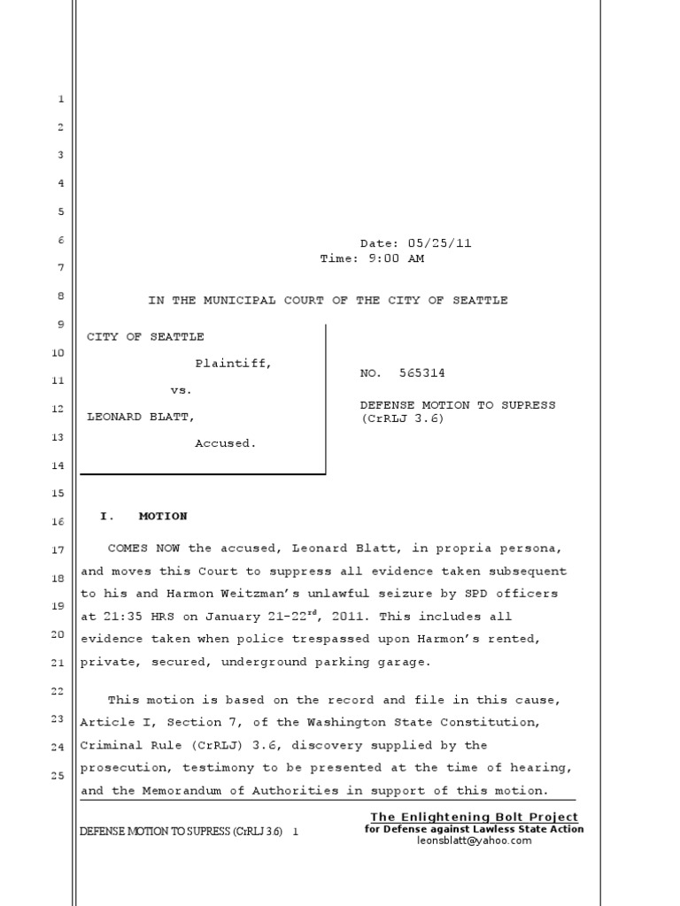 Leonard Blatt's Motion to Suppress Evidence | PDF | Search And Seizure ...