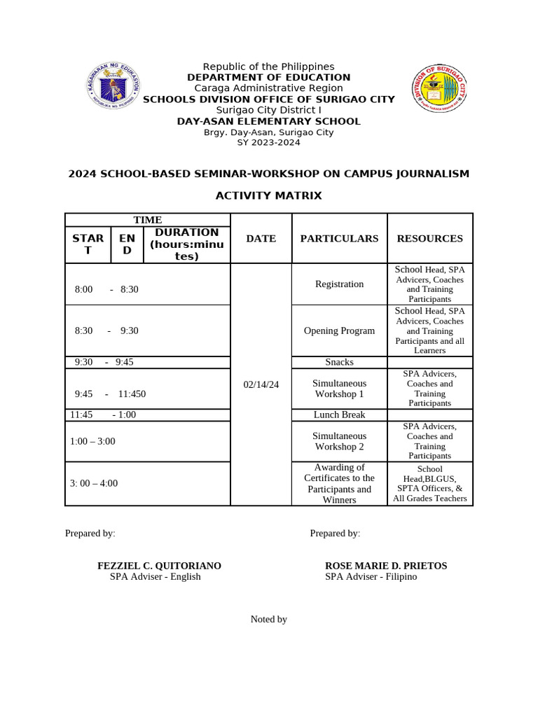 School Based Journalism Activity Matrix 2024 | PDF
