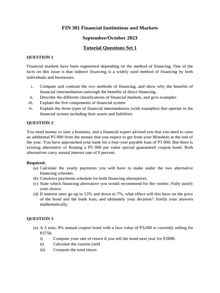 FIN - 301 - Tutorial Questions Set 1 - 2023 | PDF | Bonds (Finance) | Yield (Finance)