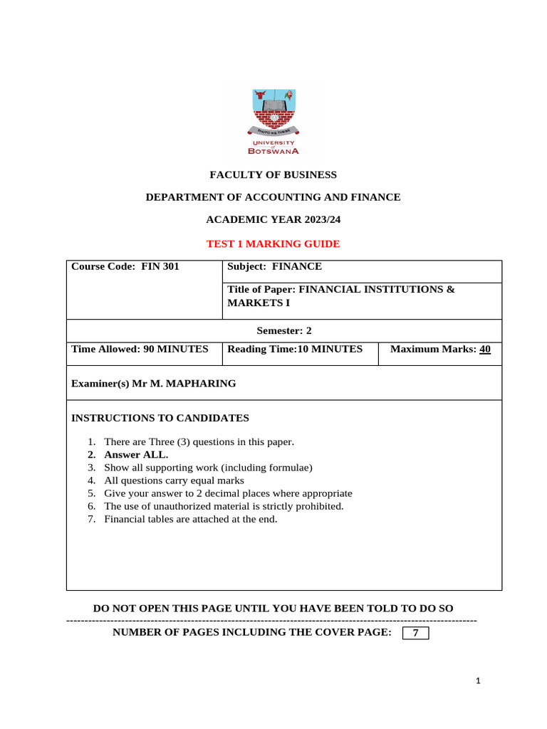 FIN 301 Test 1 Marking Guide | PDF | Bonds (Finance) | Interest