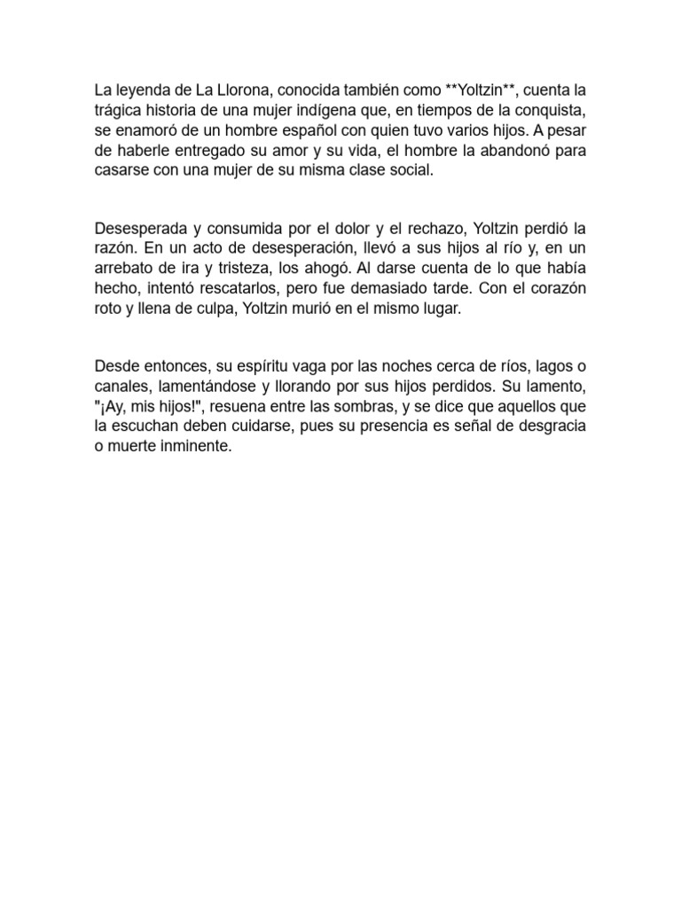 La leyenda de Yoltzin: La Llorona | PDF
