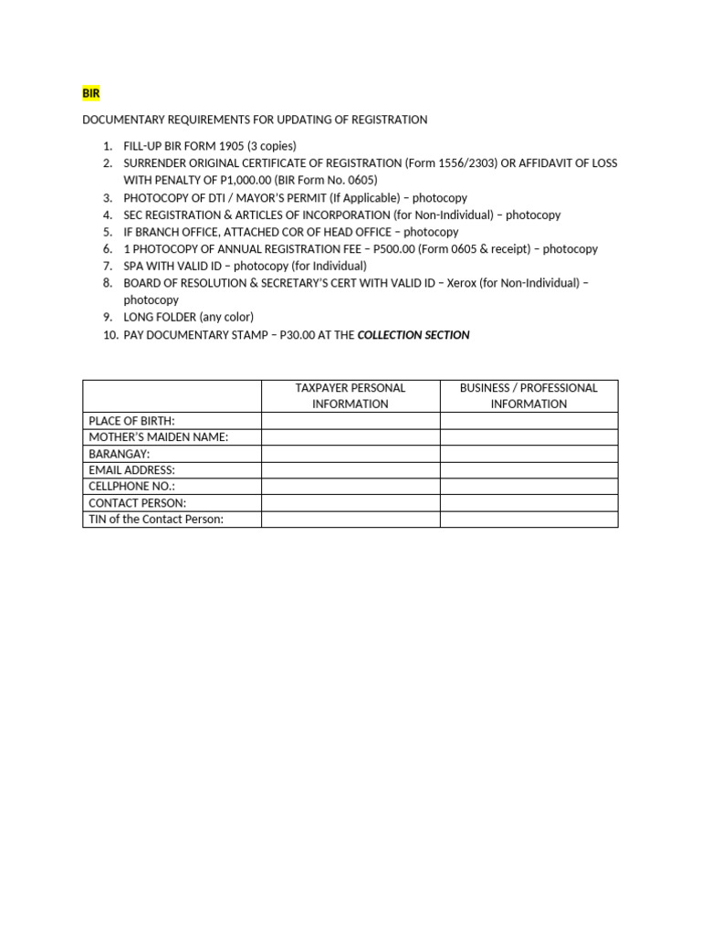 Bir Requirements For Updating of Registration | PDF