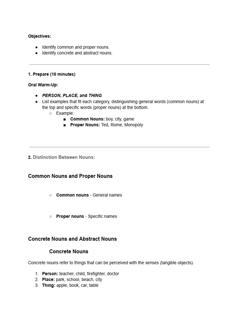 Common, Proper, Concrete, and Abstract Nouns | PDF | Language Arts ...