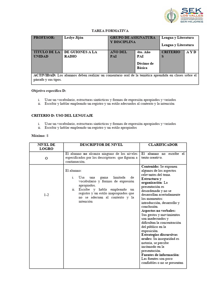 Tarea Formativa-Criterio D-10egb-Jijon L - Comentario Oral | PDF | Comunicación no verbal ...