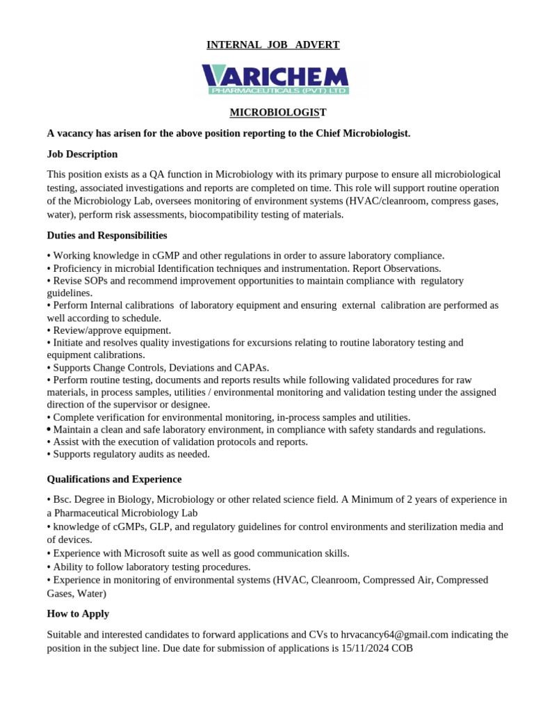 INTERNAL ADVERT - Microbiologist | PDF | Verification And Validation | Laboratories