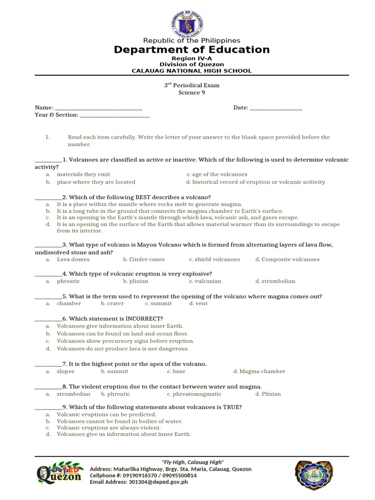 3rd Quarter Exam Grade 9 | PDF | Volcano | Types Of Volcanic Eruptions