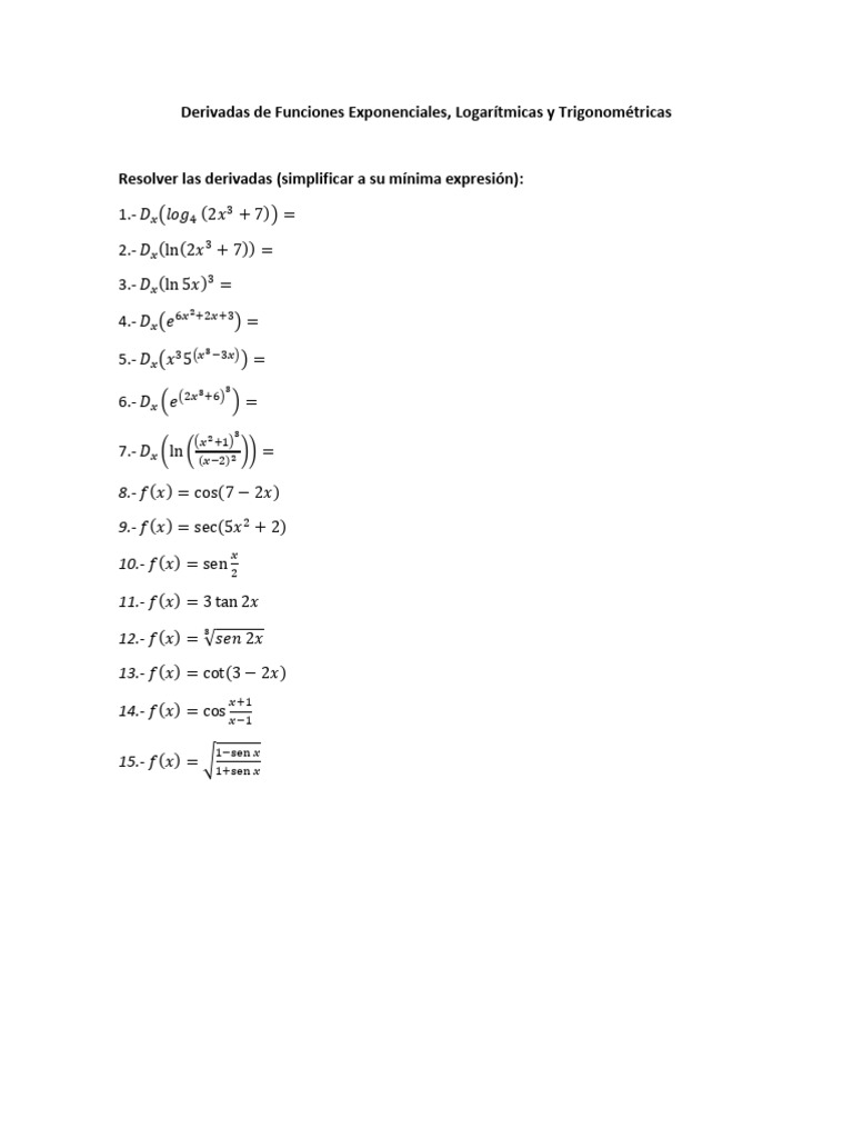Unidad 5.5.2-3 Ejercicios Derivadas Exp-Log, Trig | PDF | Métodos y materiales de enseñanza ...